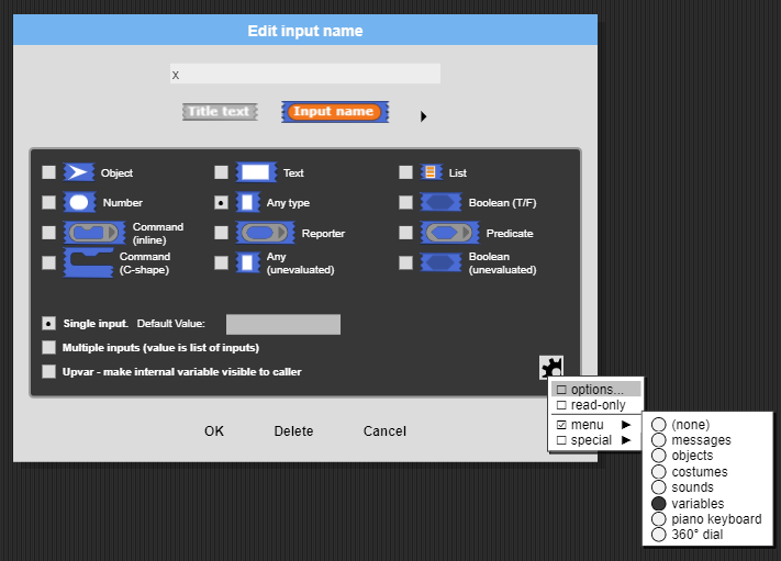 Making a Custom Block with an Identifier Menu (variable name) - Snap! Editor - Snap! Forums